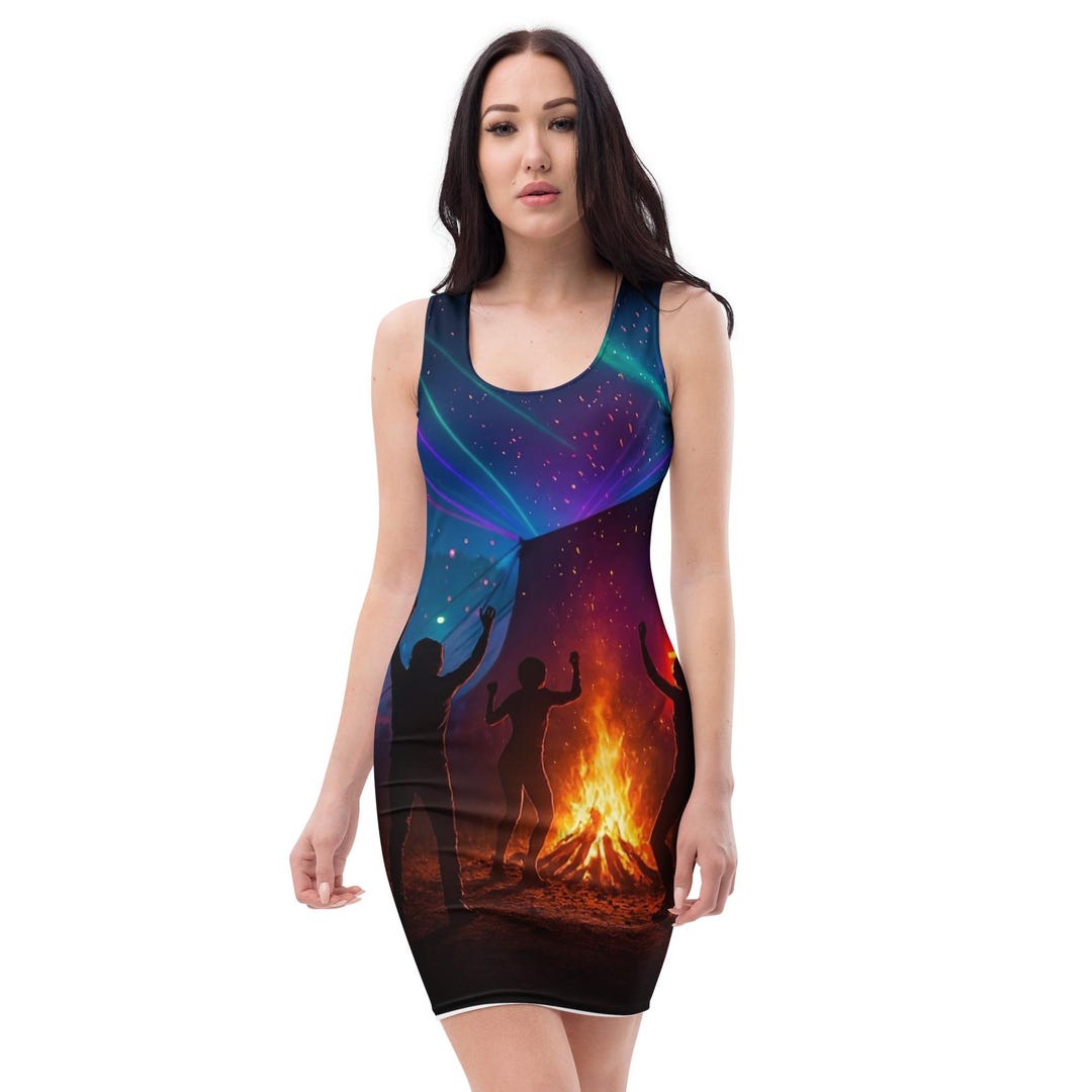 Neon Rave Party Bodycon Dress – Festival Fire & Laser Lights All-over ...