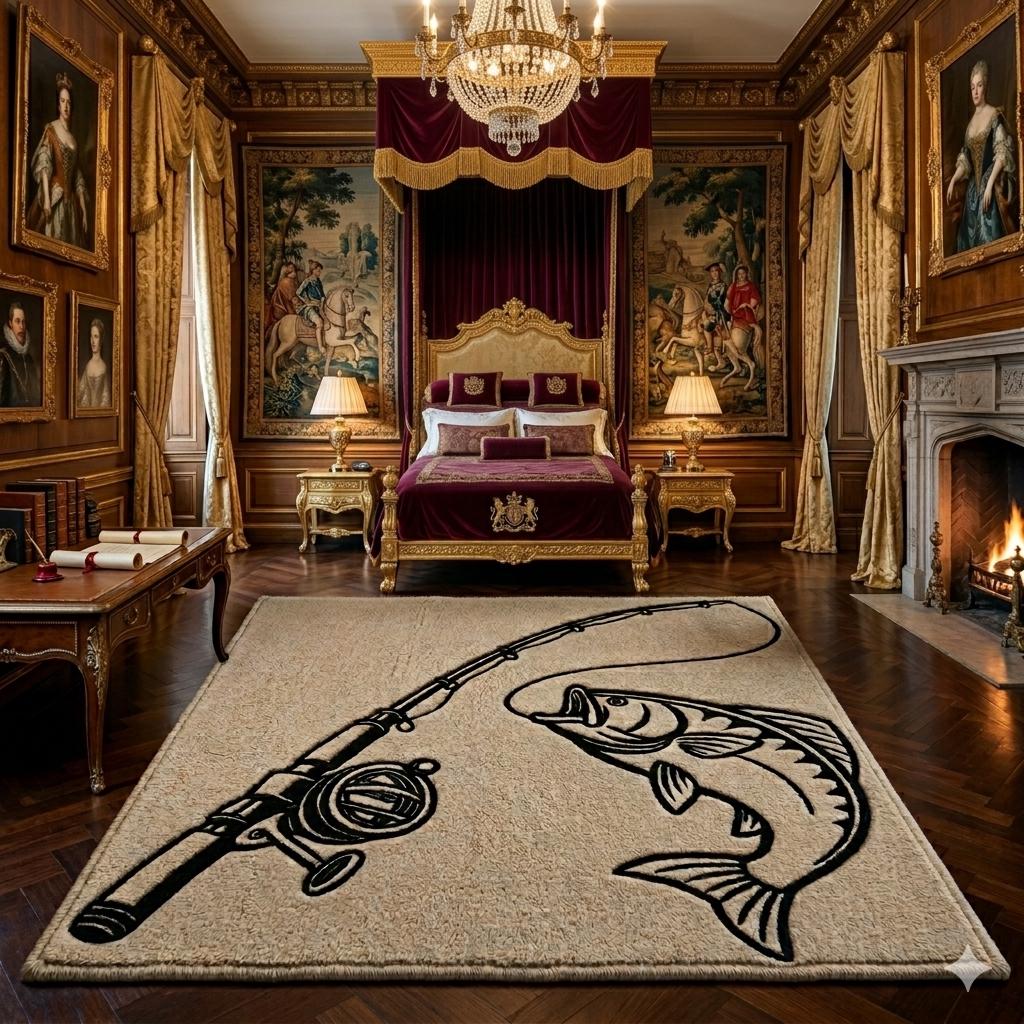Hand Tufted Wool Rug - Custom Fishing Rod and Bass Fish Design, Premium ...