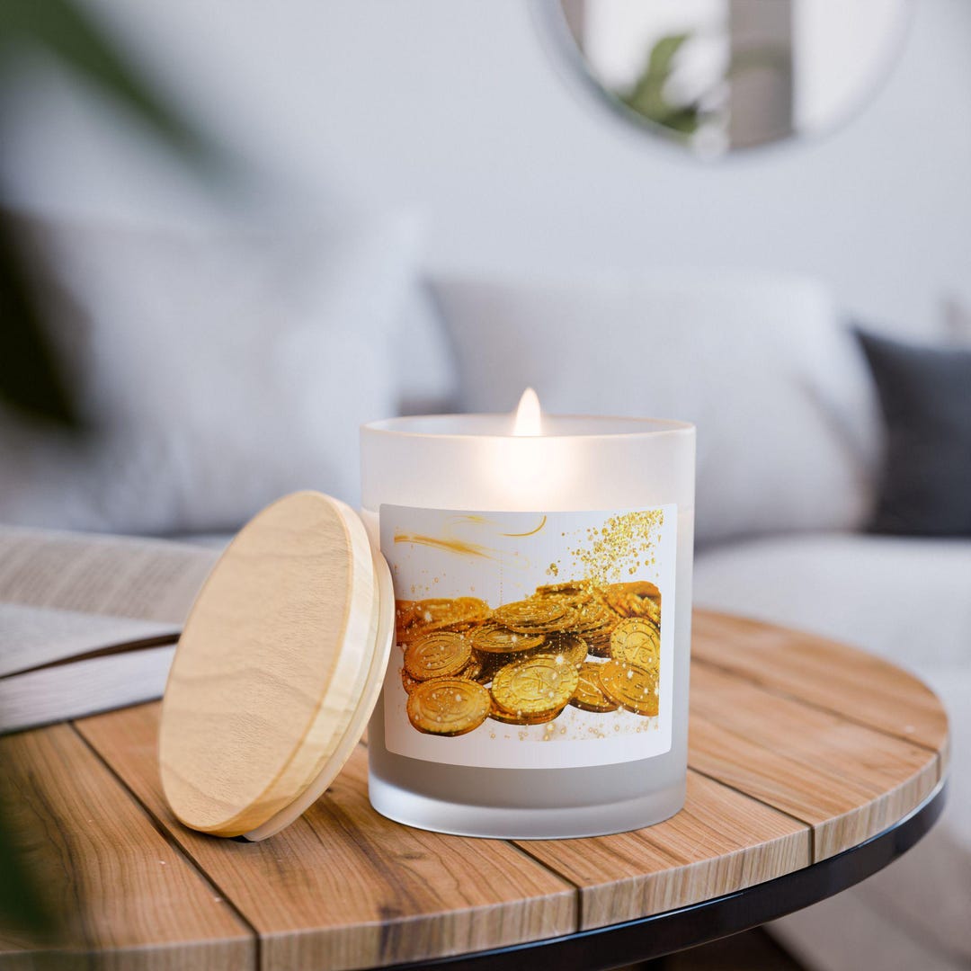 Gold Coin Pile Candle | Frosted Glass 11oz, Aromatic Prayer Candle ...