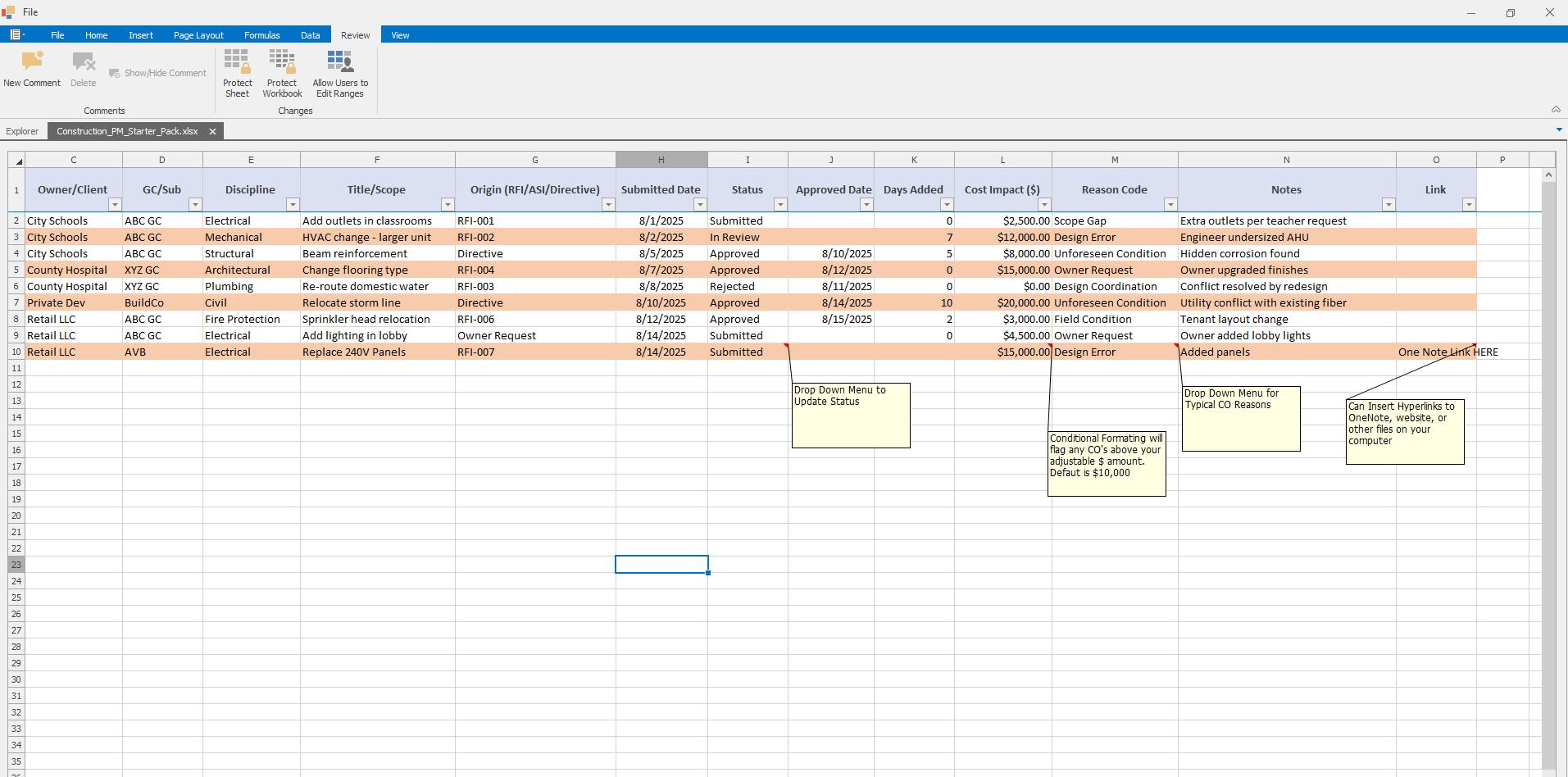 Construction PM Starter Pack - Change Order Log, RFI Log, Submittal ...