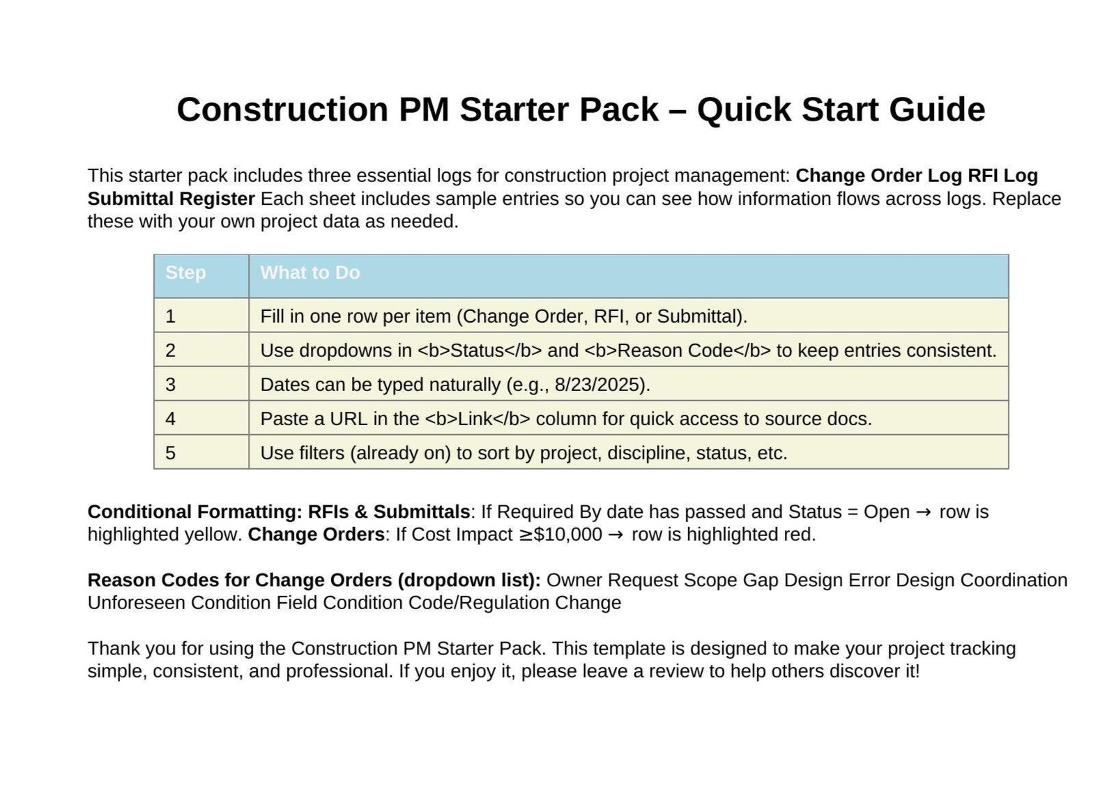 Construction PM Starter Pack - Change Order Log, RFI Log, Submittal ...