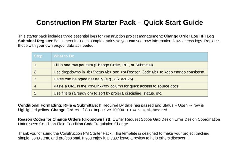 Construction PM Starter Pack - Change Order Log, RFI Log, Submittal ...