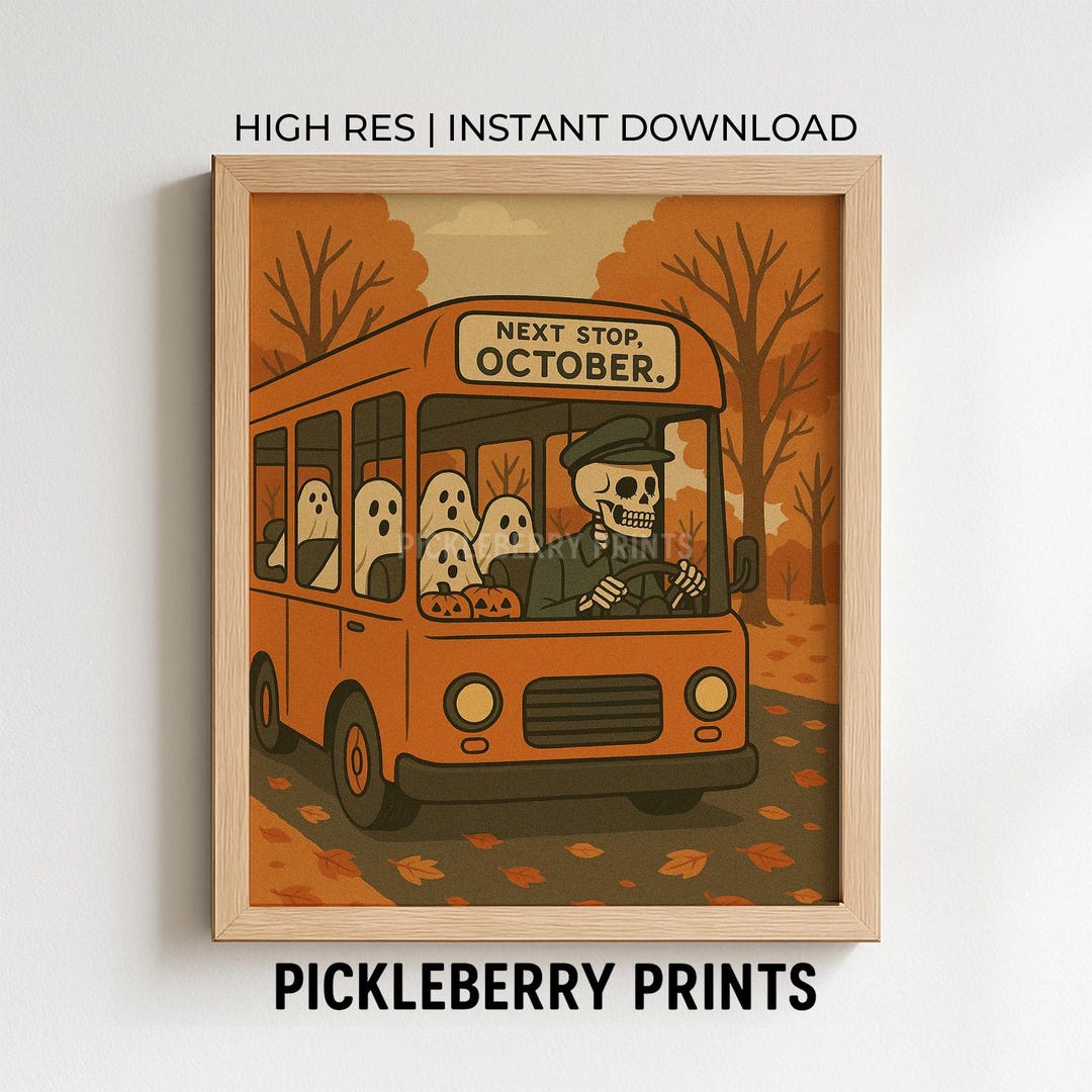 Vintage Halloween Wall Art Printable Skeleton Driving Bus Full of ...