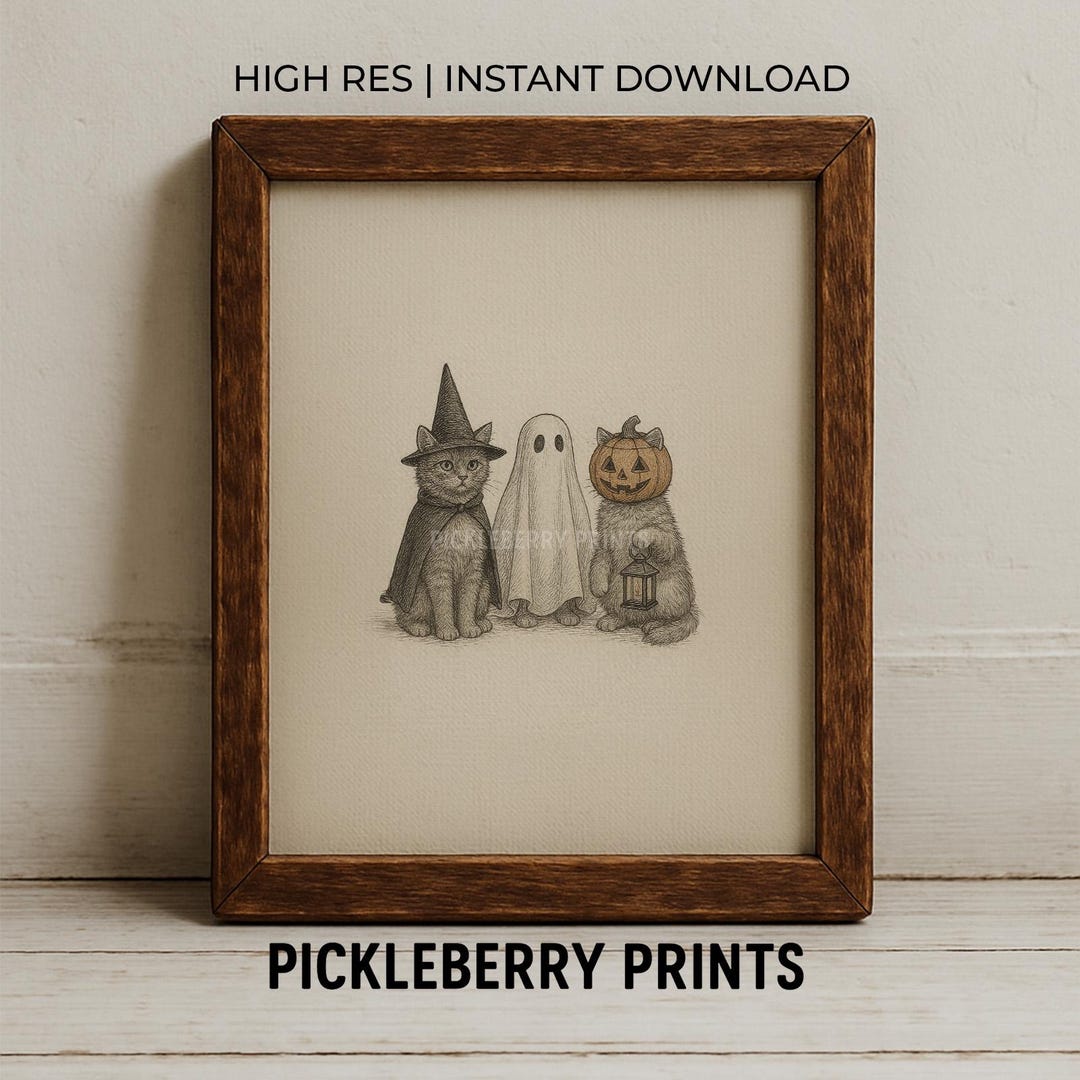 Vintage Halloween Cat Print, Cute Witch, Ghost & Pumpkin Sketch Fall ...