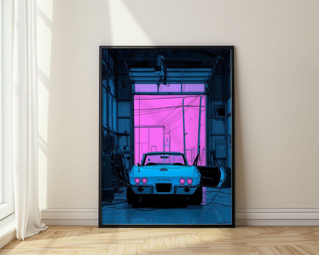 Corvette Night Garage – Neon Retro Car Poster | Vaporwave Style Wall ...