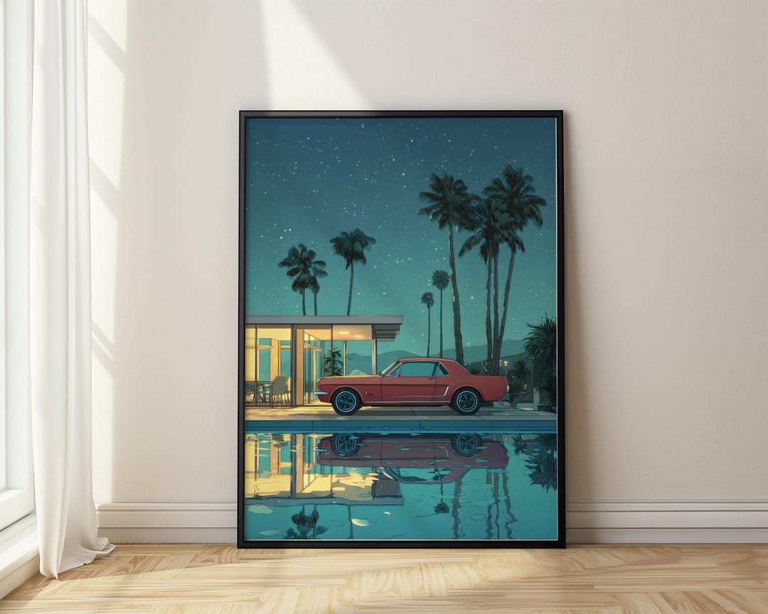 Red Mustang by the Pool – Mid-century Night Car Poster | Retro Palm ...