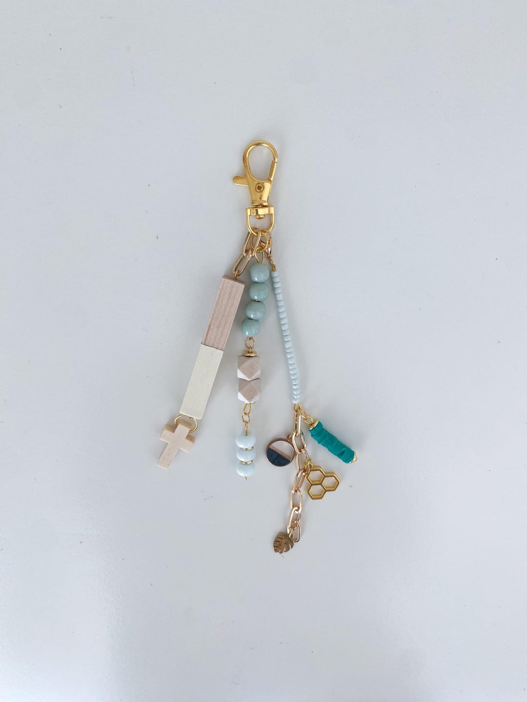 Bag Charm Keychain : Wood + Gold + Ocean Tones + Personalized Initial ...