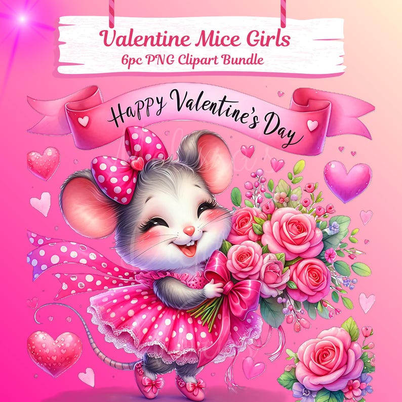 Valentine Mice Girls 6 Piece PNG Clipart Bundle | Digital Download - Etsy