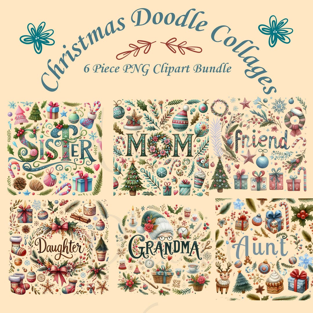 Christmas Doodle Clipart: Watercolor Holiday PNG Bundle (digital ...