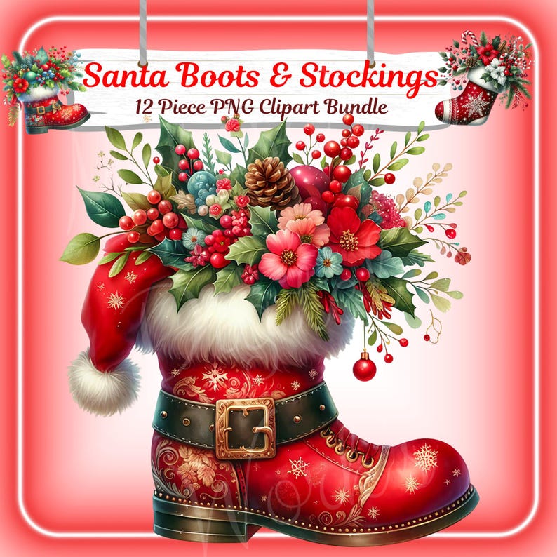 Santa Boots Clipart | Christmas Floral PNG Bundle (digital Download) - Etsy