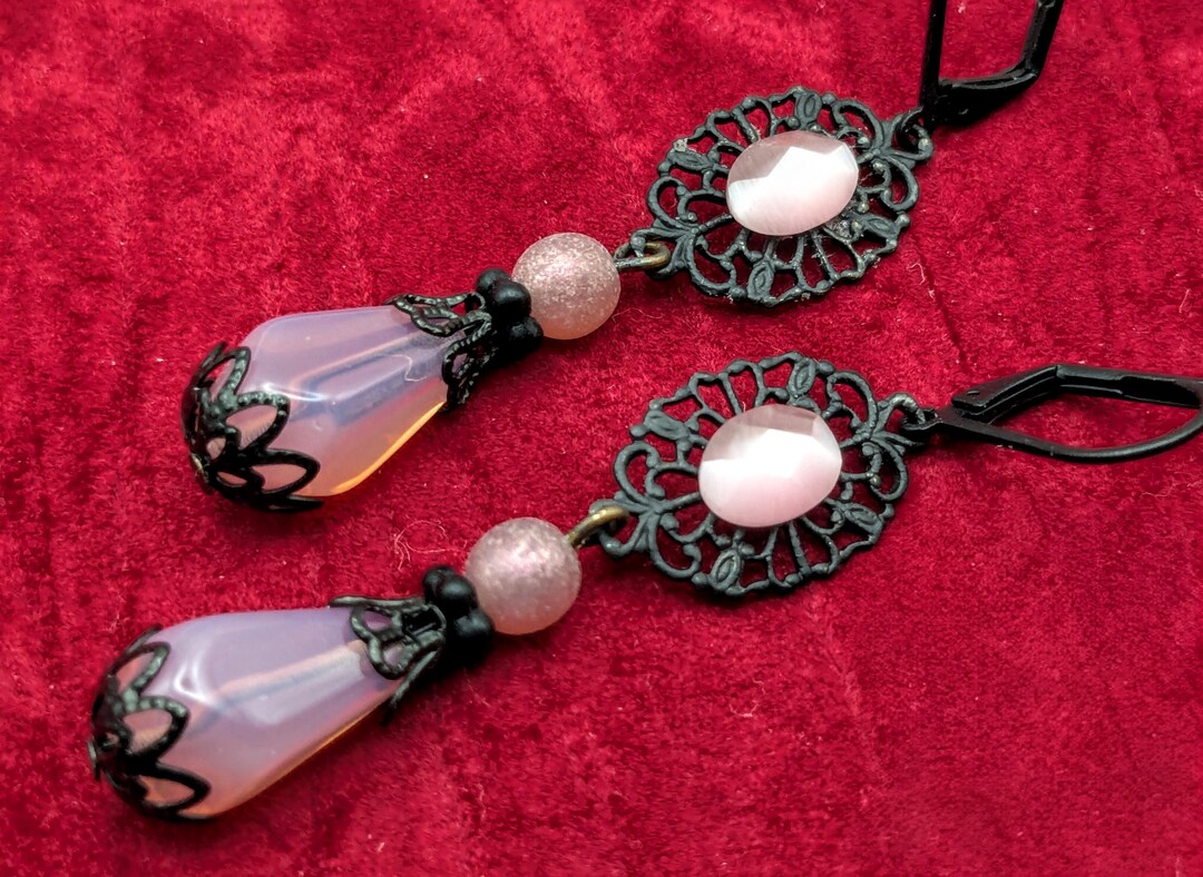 Black Pink Gothic Dangle, Drop Earrings, Valentine's Day, Vintage ...