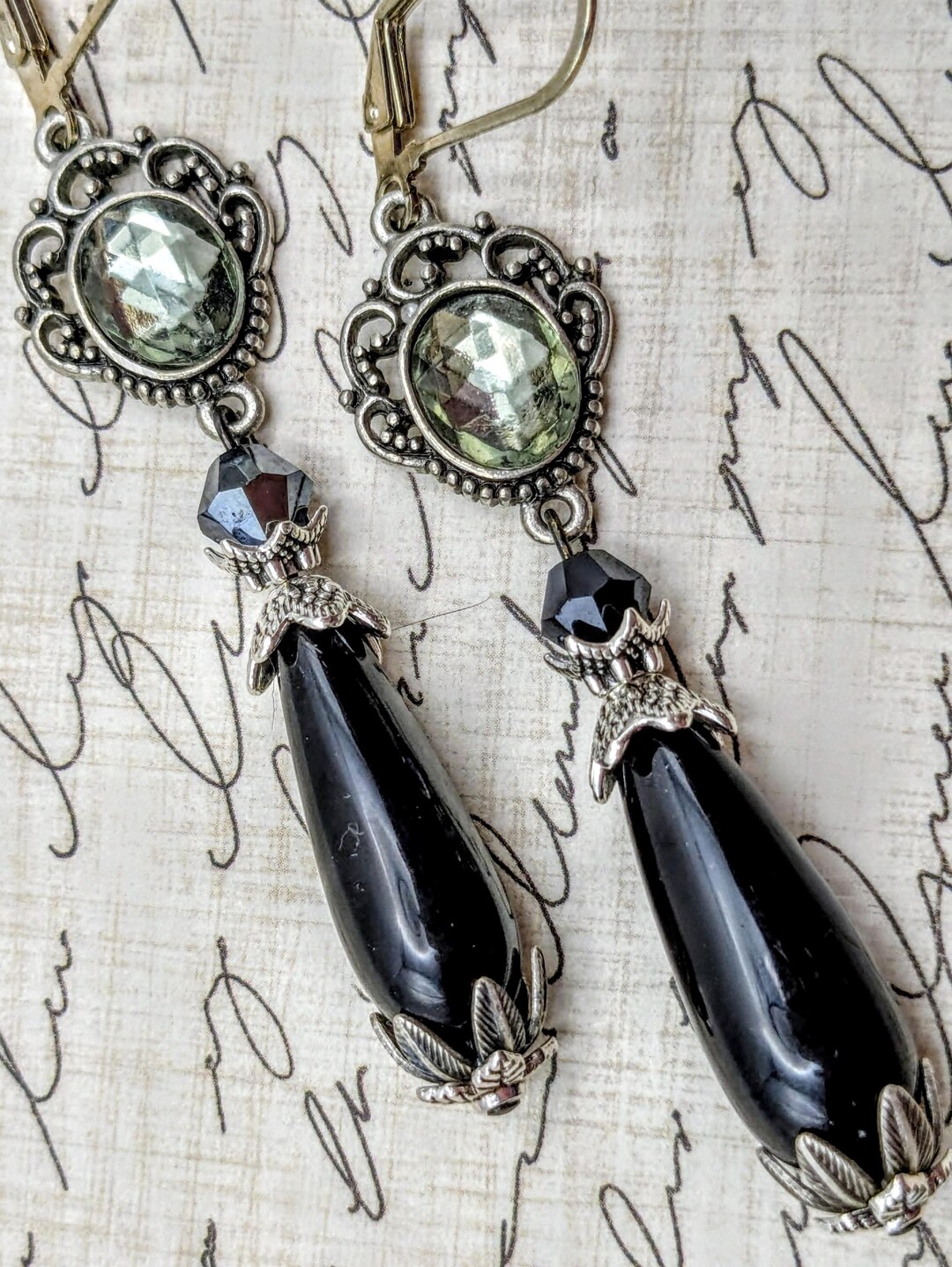 Victorian Gothic Style Silver and Black Glass Dangle, Drop Earrings ...