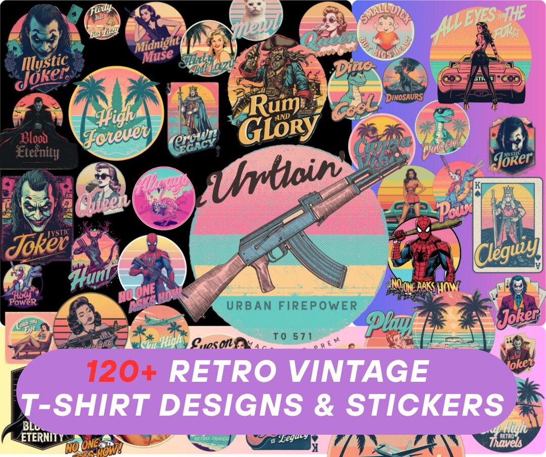 Retro Vintage T-shirt & Sticker Designs: PNG Bundle (digital Download ...