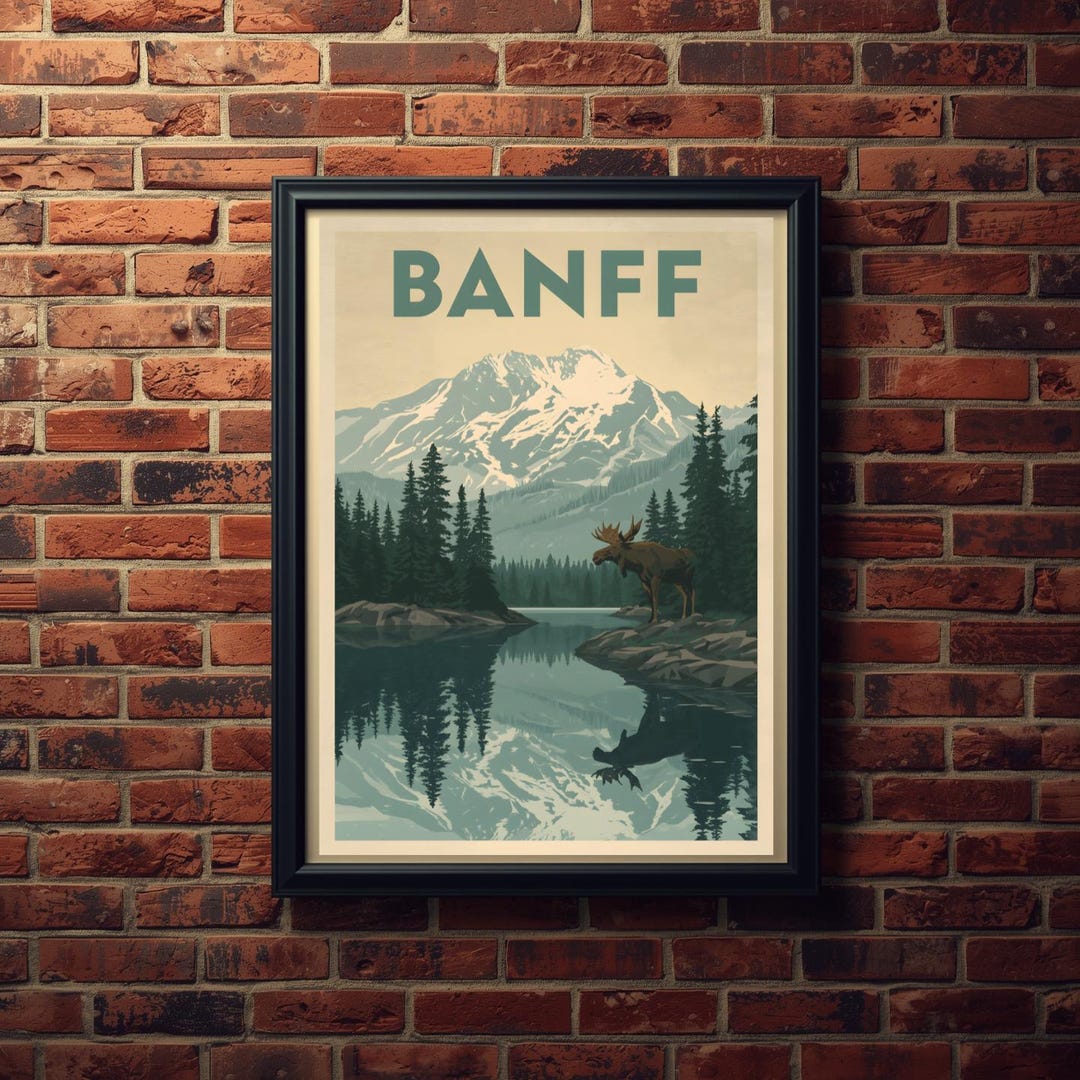 Vintage Banff National Park Poster | Moose & Mountain Landscape Wall ...