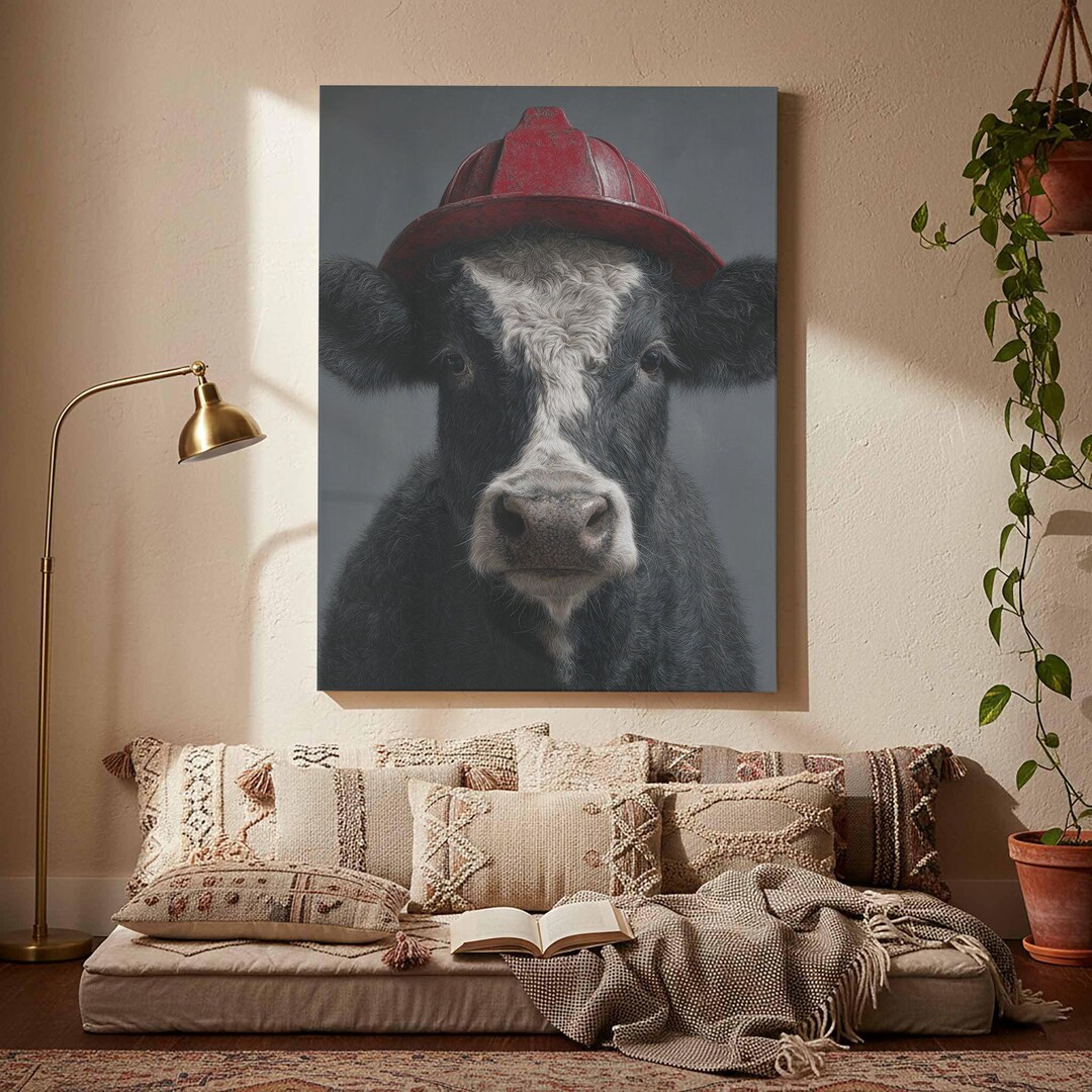Farm Animal Canvas Wall Art - Red Hat Cow Portrait Print - Etsy