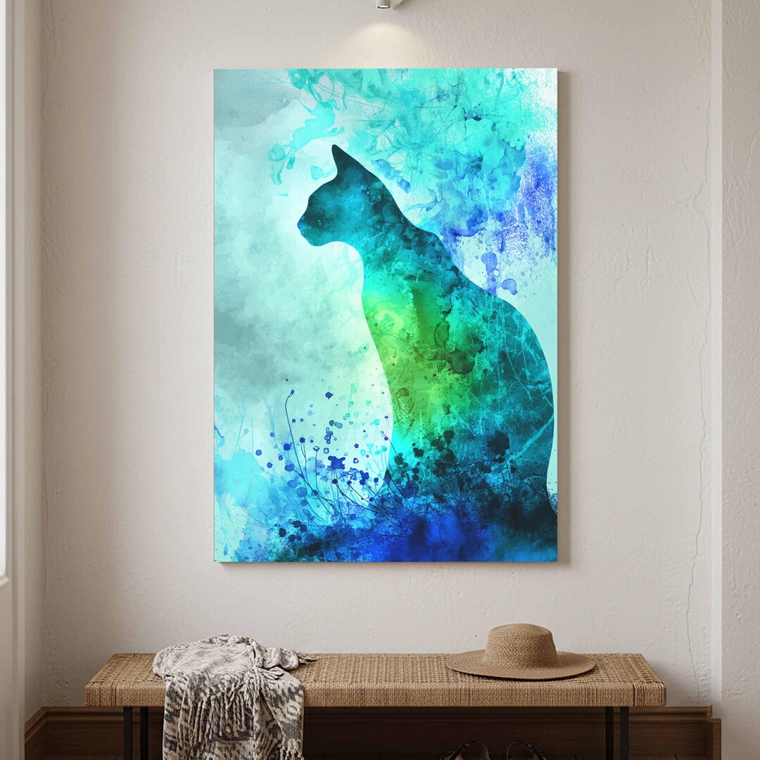 Abyssinian Cat Silhouette Wall Art - Watercolor Blue Green Print - Etsy