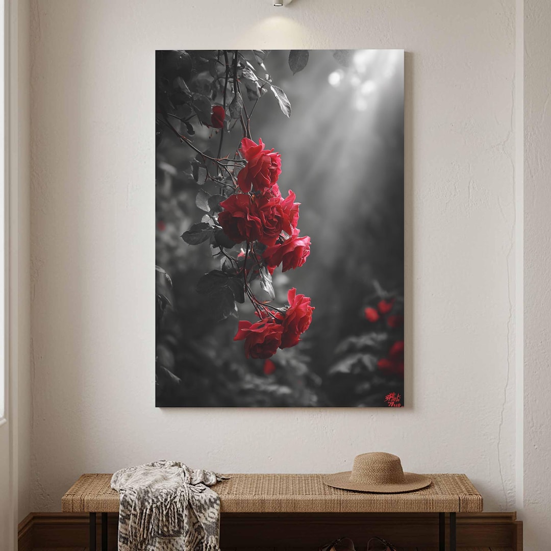 Red Rose Color Splash Canvas Wall Art - Romantic Black White - Etsy