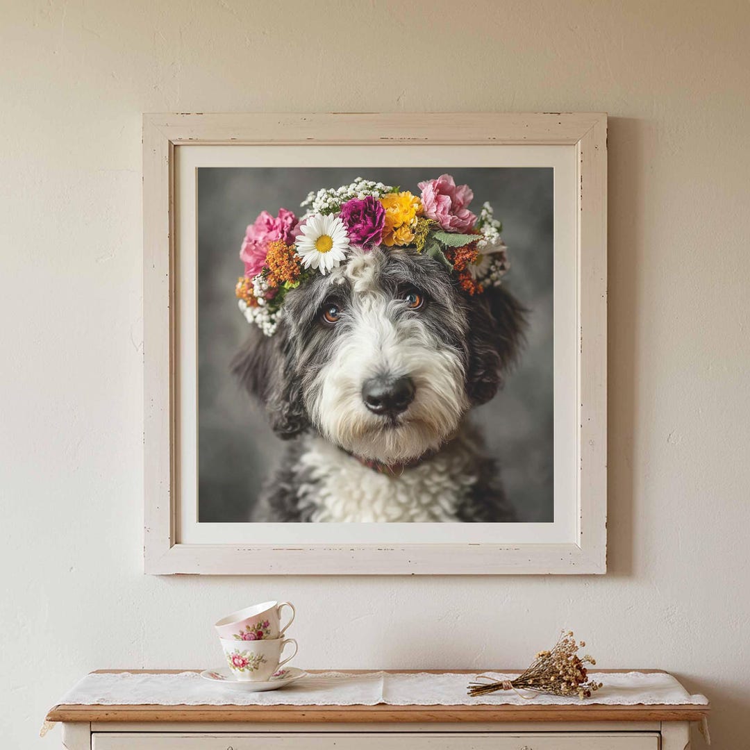 Sheepadoodle Flower Crown Canvas Print - Dog Portrait Wall Art - Etsy