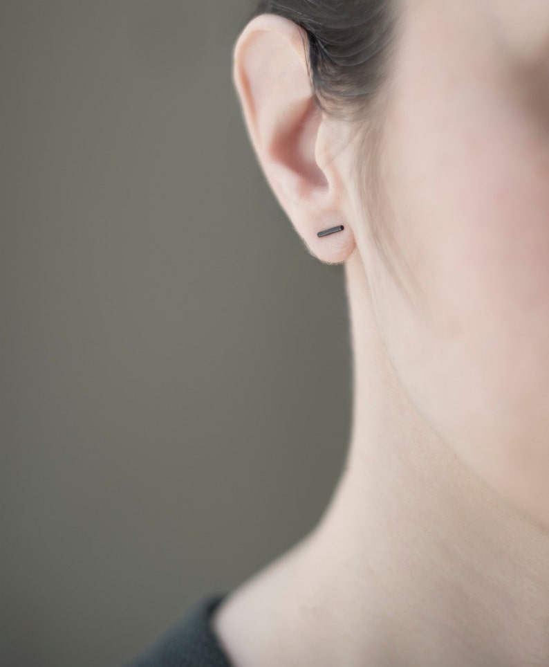 Tiny line stud earrings in silver Minimal jewelry Black | Etsy