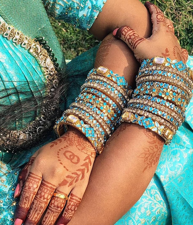 Handmade Turquoise Blue & Gold Silk Thread Bangle Set - Indian Bridal ...