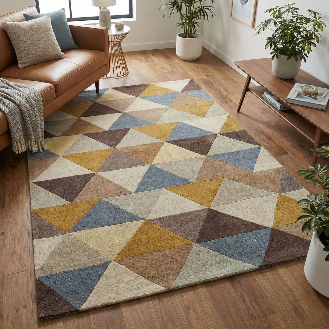 Geometric Modern Area Rug Triangular Pattern Beige Blue Mustard Brown ...