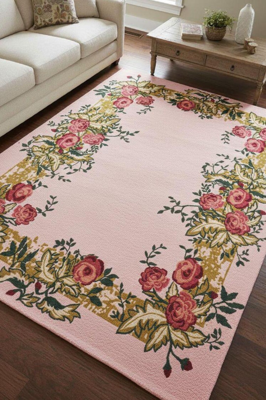 Hand Tufted Wool Rug, Elegant Red Rose Border, Vintage Floral Carpet - Etsy