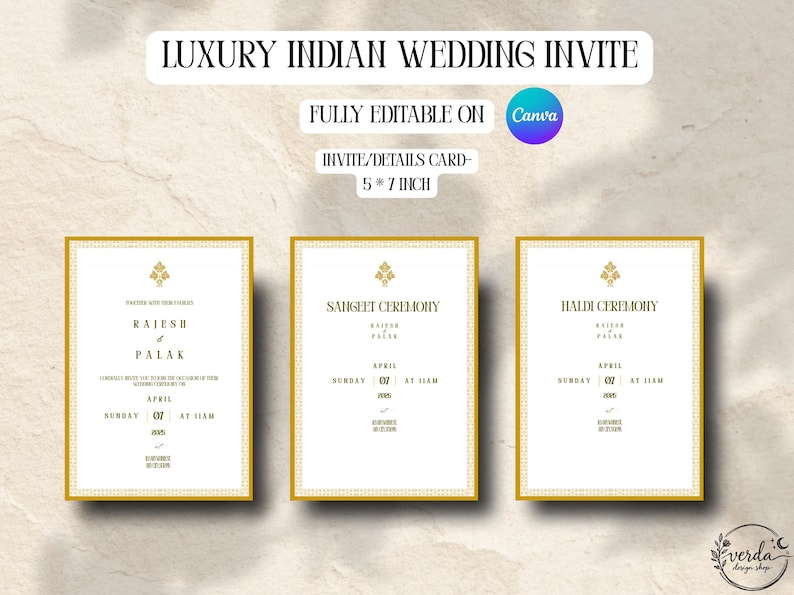 Indian Wedding Invitation Canva Template | Elegant Gold Wedding Invite ...