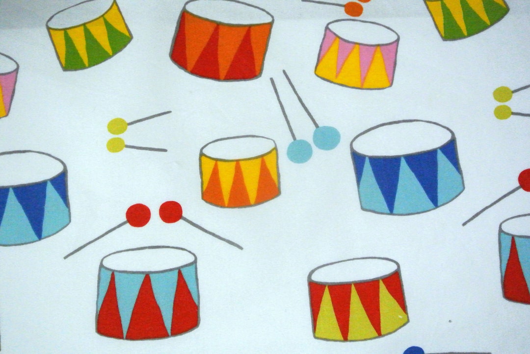 Vintage 1970s Drum Print Cotton Fabric: Multicolor Pastel Quilting ...