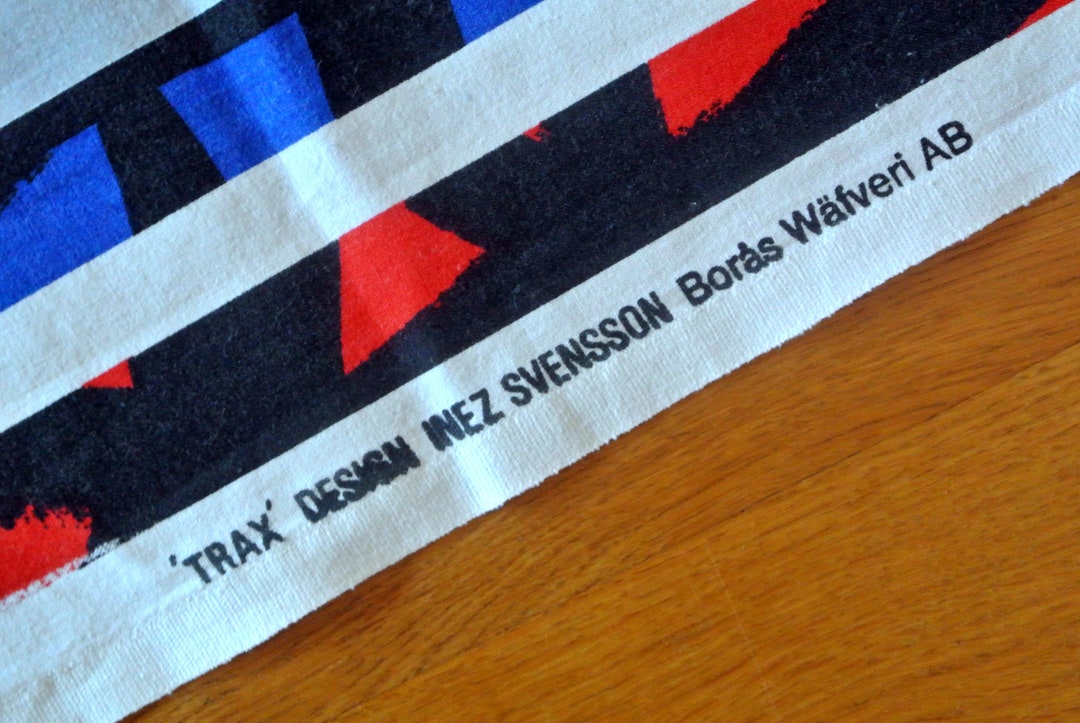 Swedish 1990s Borås Wäveri AB Inez Svensson Design TRAX Fabric Stew With Blue/ Red/ Black ...
