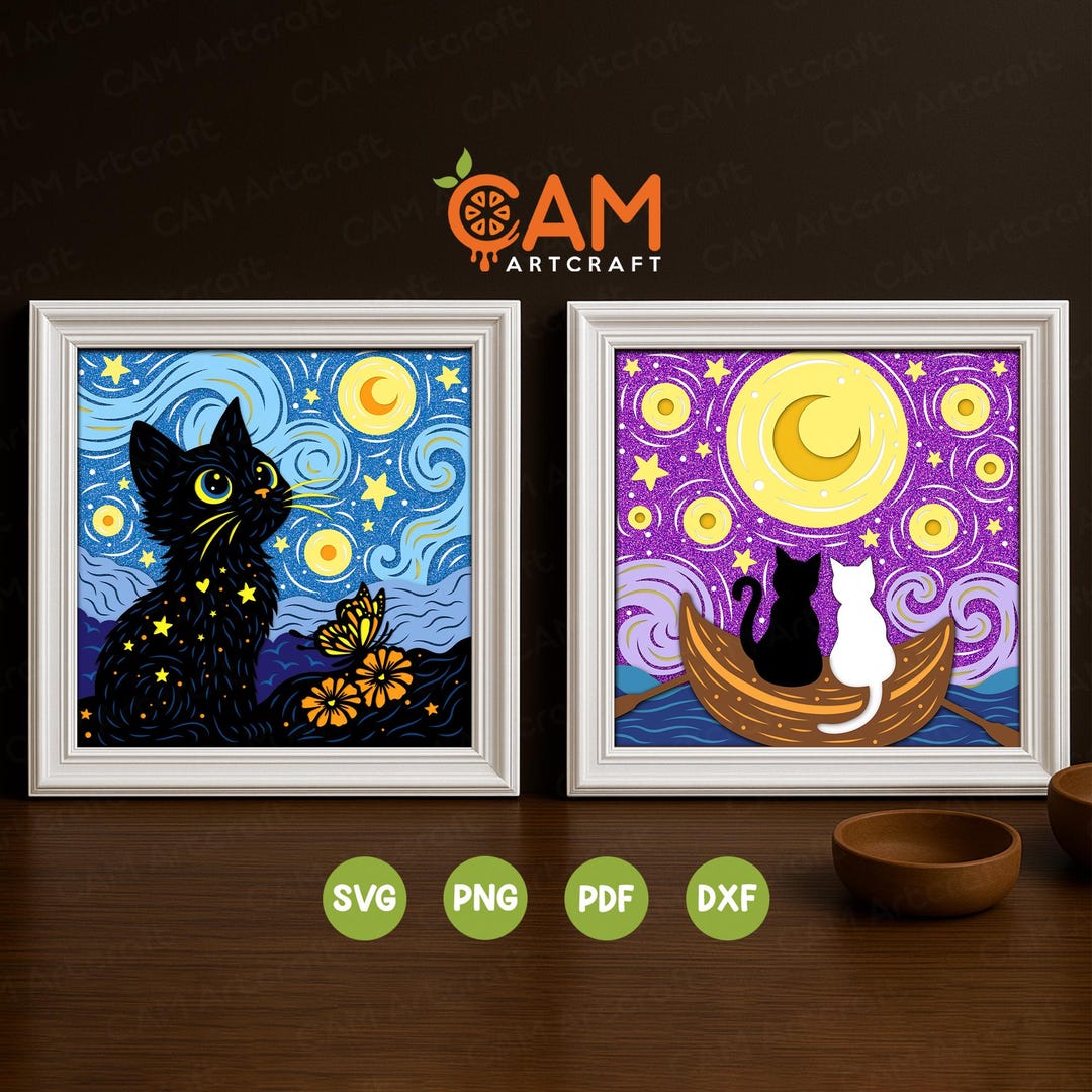 Starry Night Cat SVG Bundle, Cat Lovers Gift, Black Cat SVG, Shadow Box ...