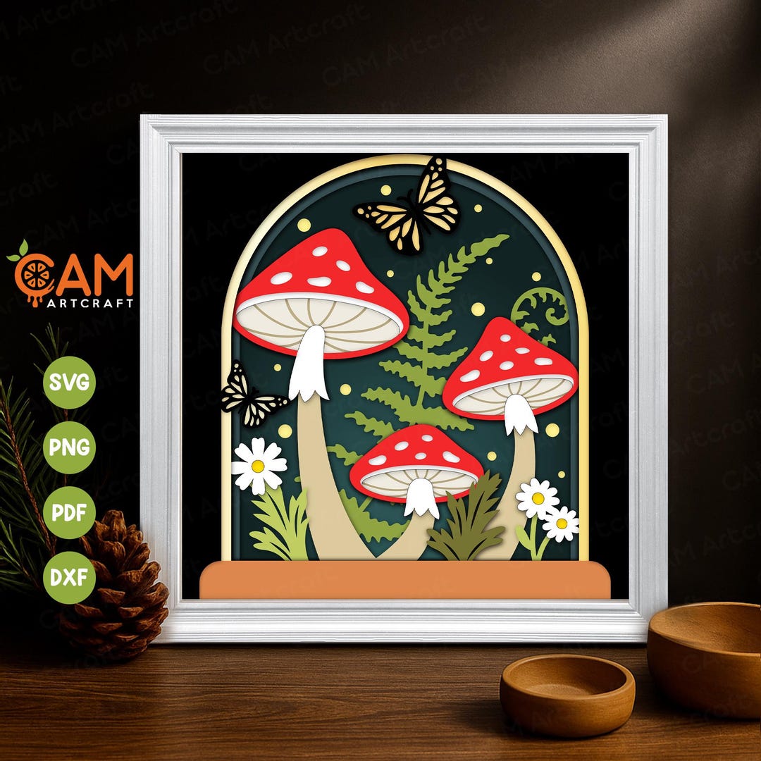 3D Mushrooms Shadow Box SVG, Mushroom Forest SVG, Butterfly Flower ...