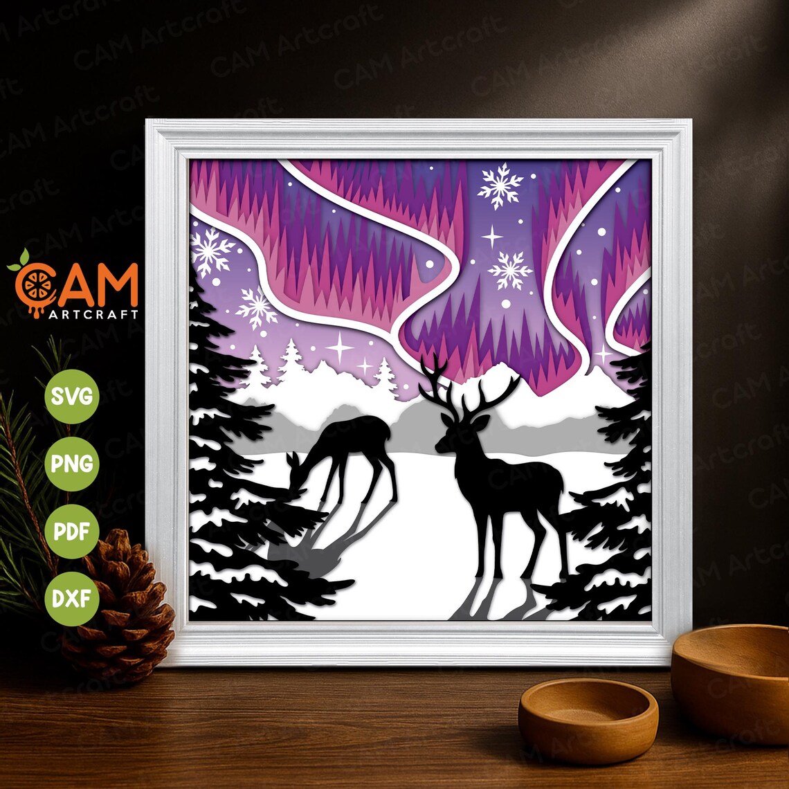 3D Deer Shadow Box SVG, Northern Lights SVG, 3d SVG Christmas, Aurora Borealis Svg, Shadow Box ...