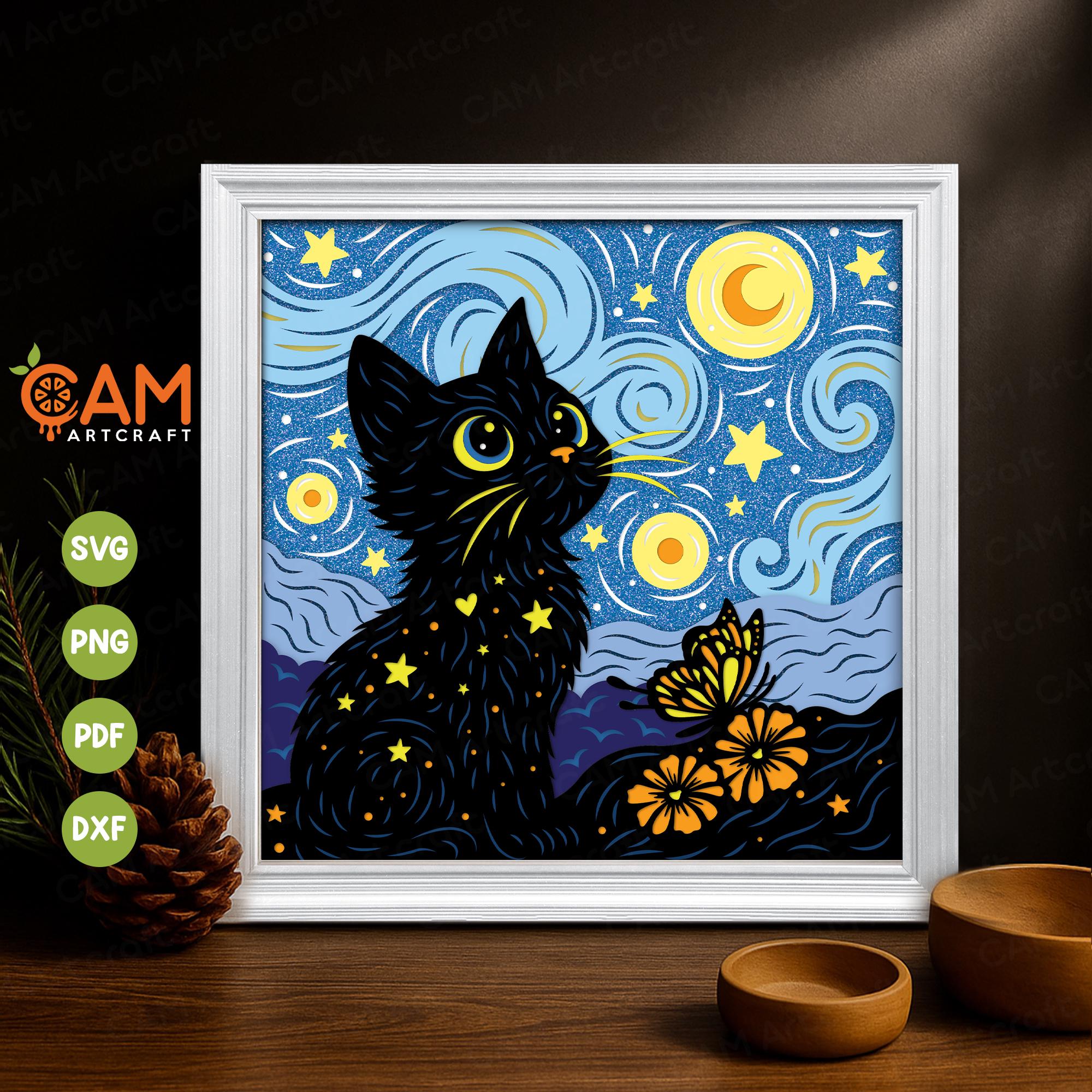 3D Starry Night Cat Shadow Box SVG, Cat Lovers Gift, Black Cat SVG ...