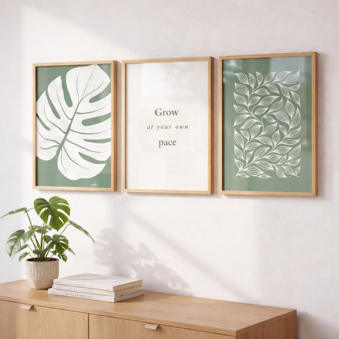 Sage Green Botanical Wall Art Set of 3, Grow at Your Own Pace Quote ...