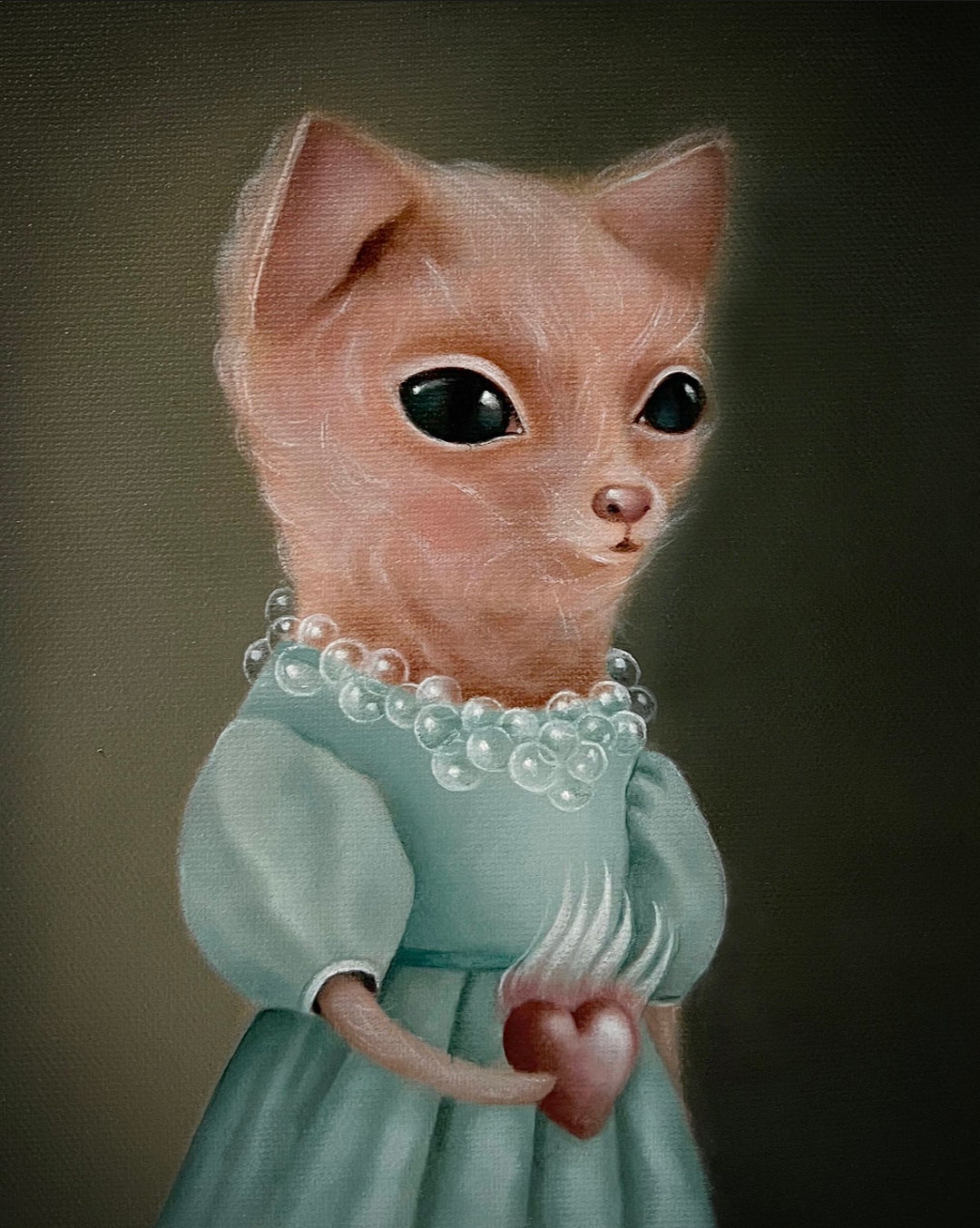 Portrait With the Red Heart, Big Eyes Cat Portrait, Animal Lover Art by ...