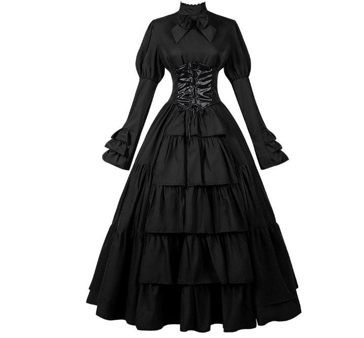 Vintage Gothic Maxi Dress, Tiered Ruffle Skirt, Corset Detail - Etsy