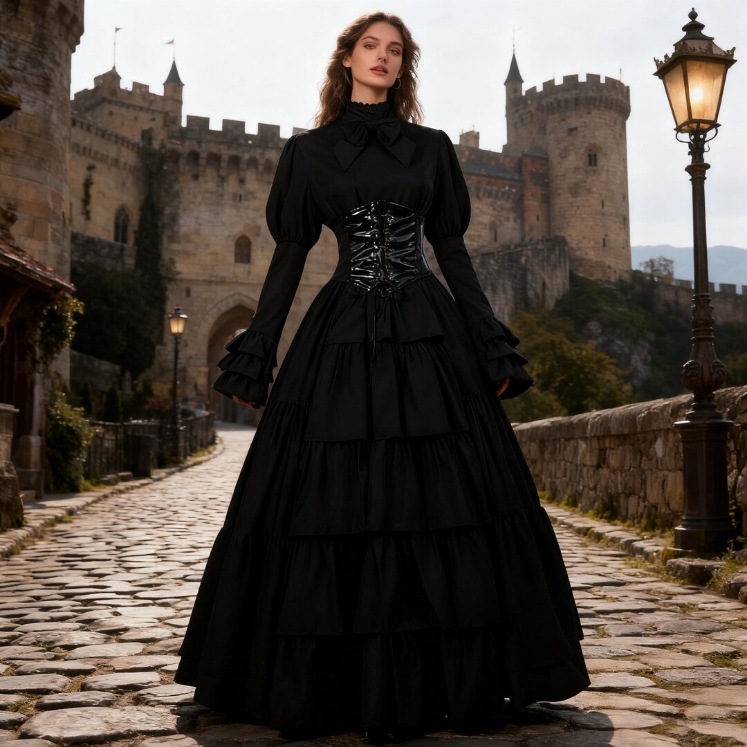 Vintage Gothic Maxi Dress, Tiered Ruffle Skirt, Corset Detail - Etsy