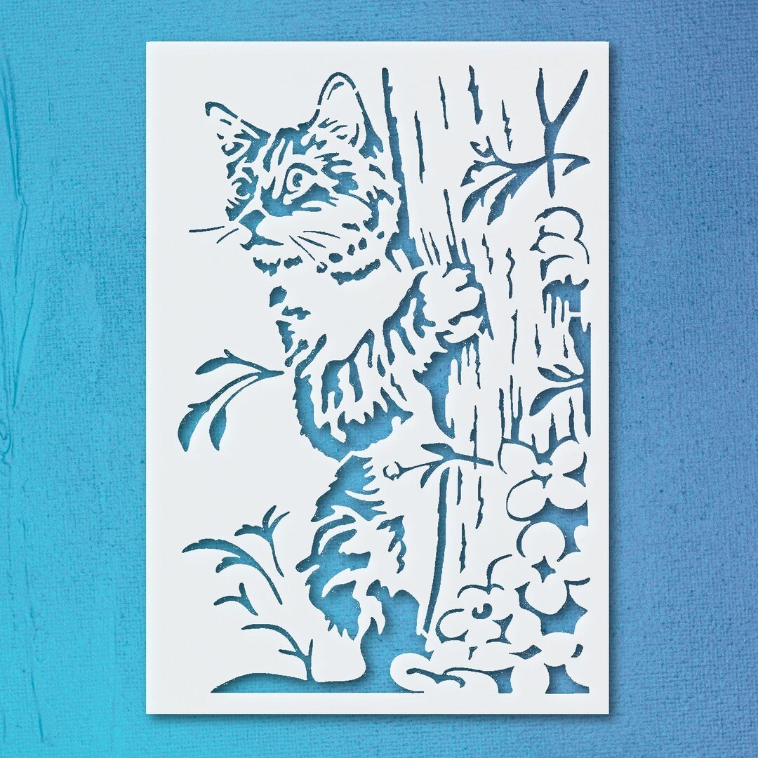 Cat Peeking Around Tree Stencil With Flowers - Nature Artistry for ...