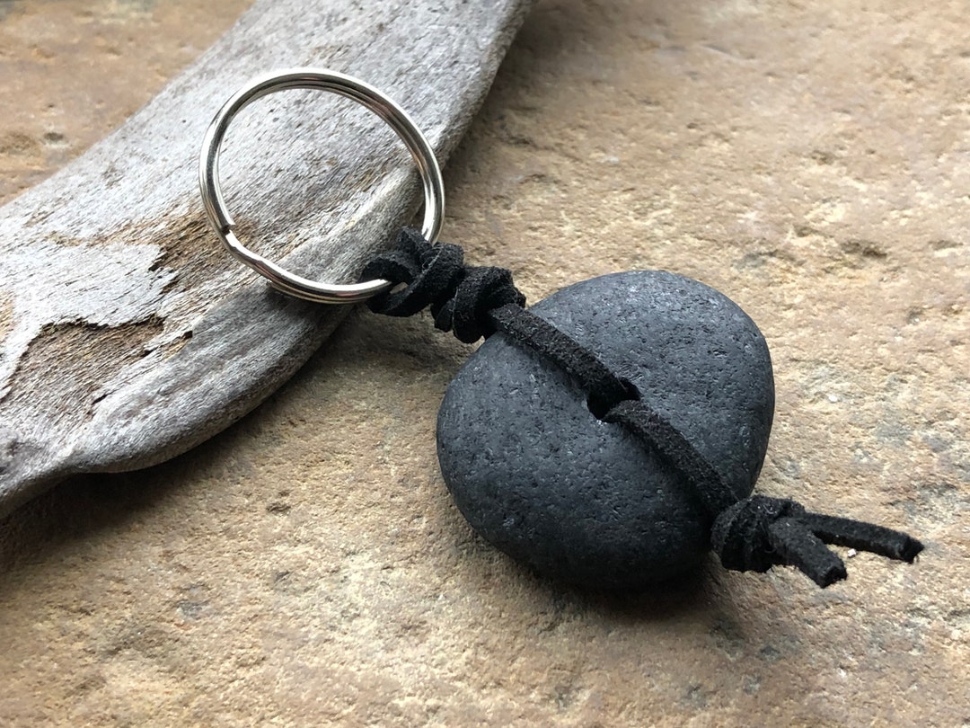 NATURAL Beach Stone Keychain Large BLACK Stone Keychain Stone Key Fob ...