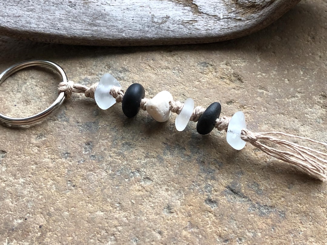 Beach STONE and Genuine Beach Glass Keychain ~ Boho Fringe Keychain ...