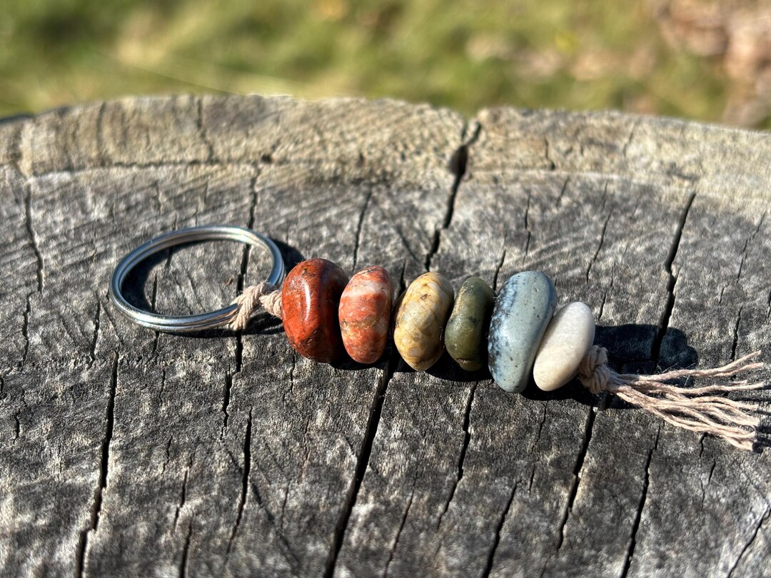 Rainbow BEACH STONE and Beach Glass Keychain ~ Natural Stone Keychain ...