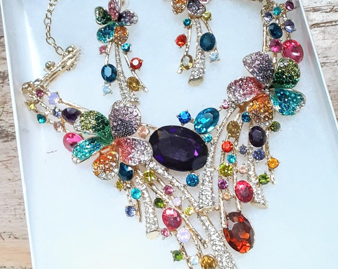 Rhinestone Jewelry Set in a Rainbow of Jewel Colors Necklace and ...