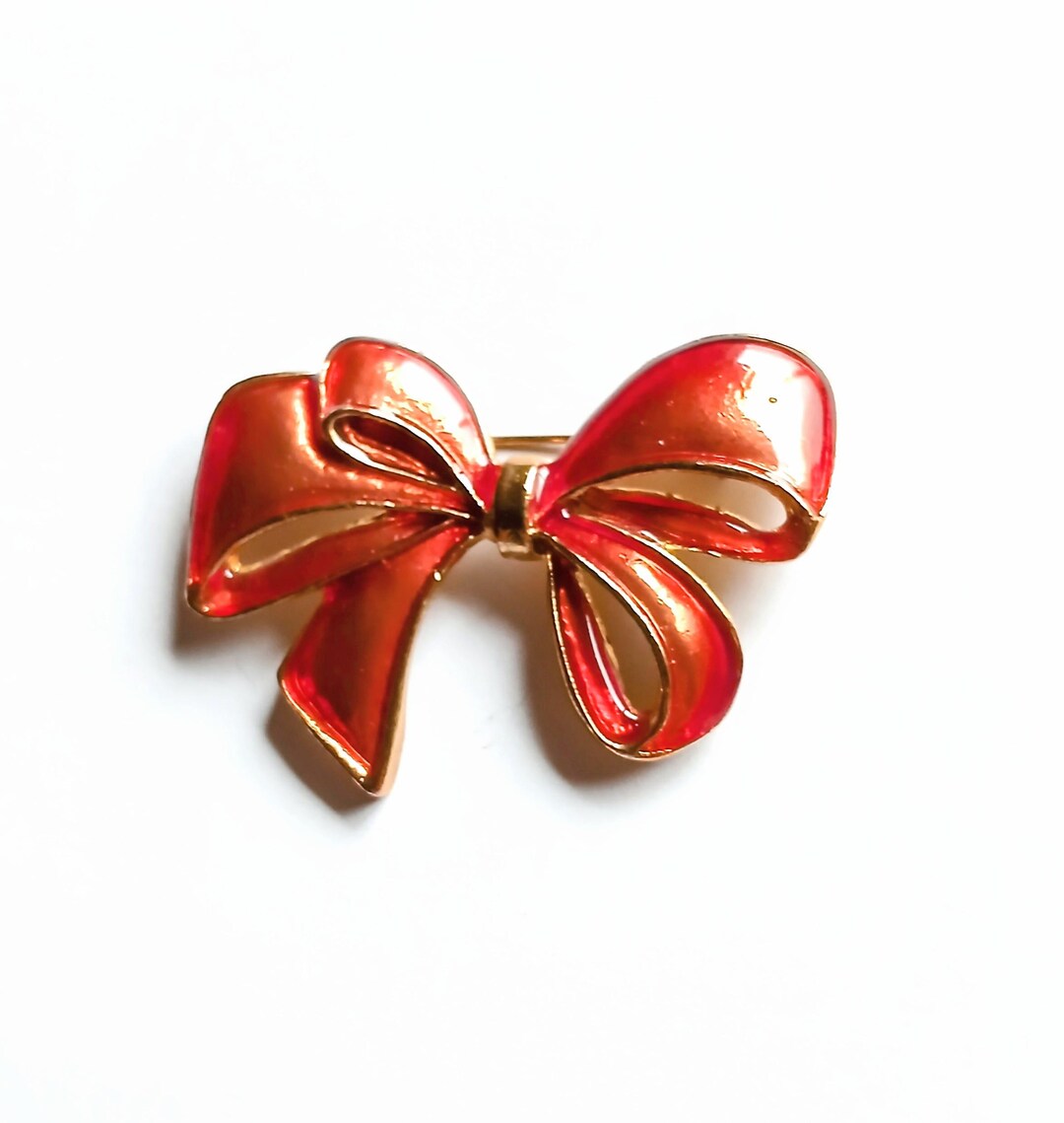 Red Ribbon Brooch Red Enamel on Gold Tone Setting Vintage Jewelry Gift ...