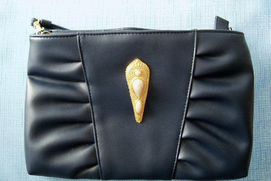 Hand-decorated Purse Blue With Vintage Pearl Brooch Shoulder Strap ...