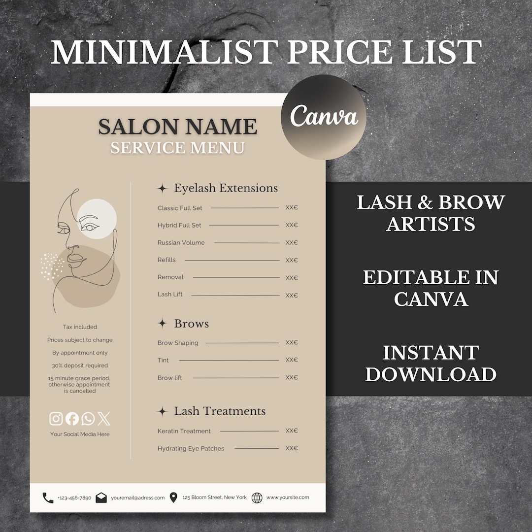 Lash & Brow Price List Canva Template | Minimalist Beige Beauty Service ...