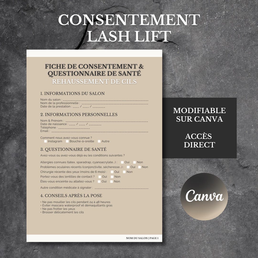 Lash Lift Consent Form | Lash Lift Liability Release | Minimalist Canva ...