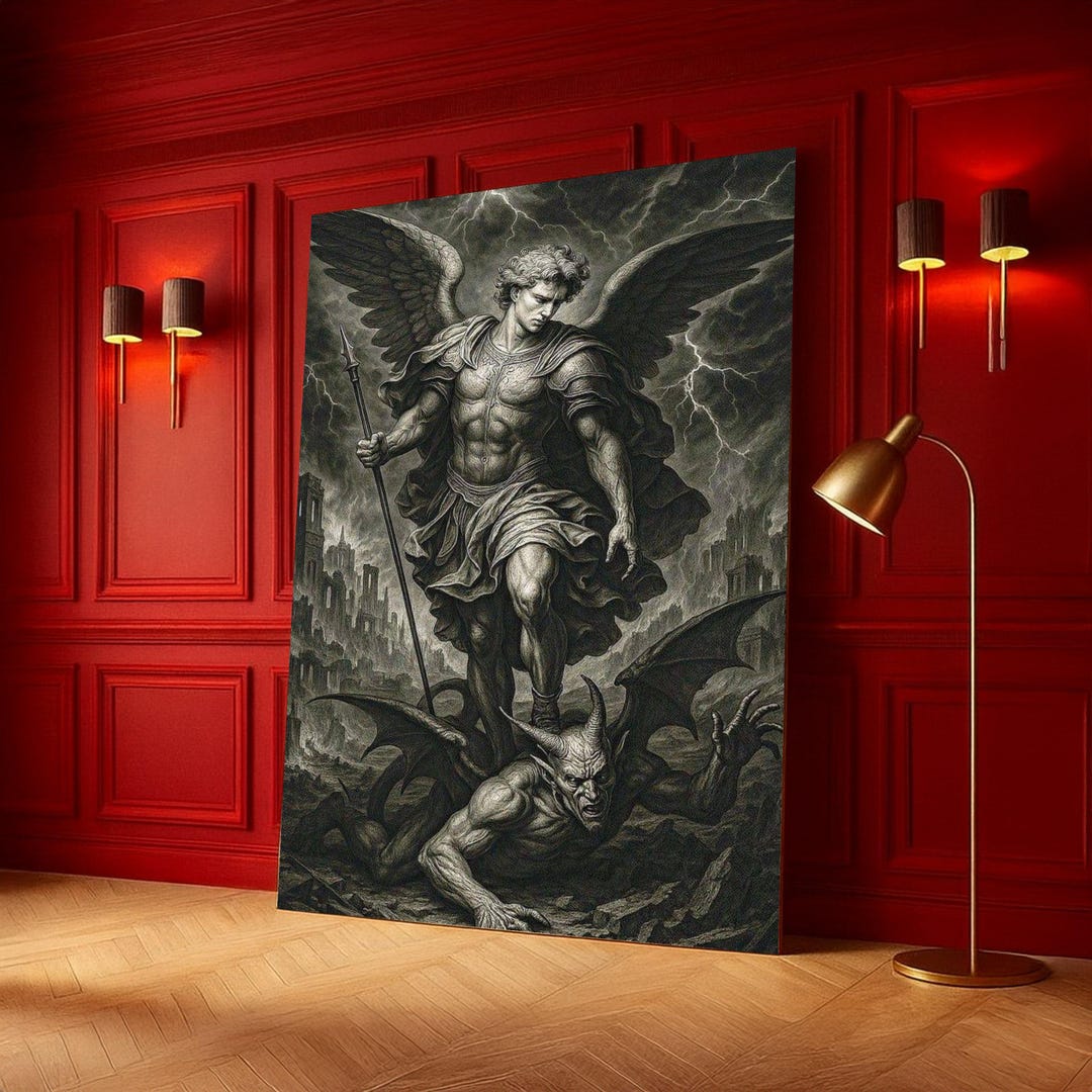 Archangel Michael Defeating Satan Canvas, Religious Wall Art, Spiritual ...