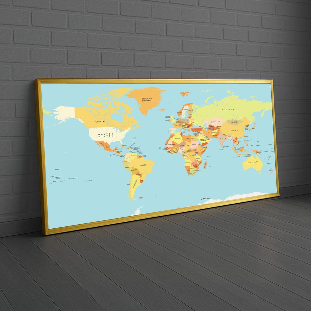 Colorful World Political Map Canvas, Educational Wall Art, Global ...