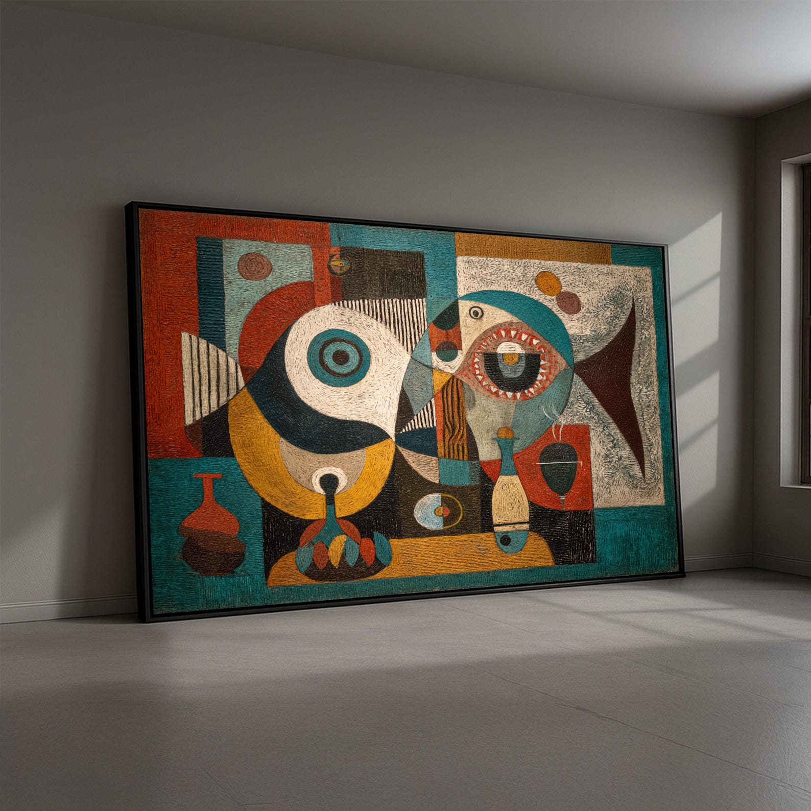 Abstract Cubist Canvas Painting, Picasso Miro Style Geometric Figures ...