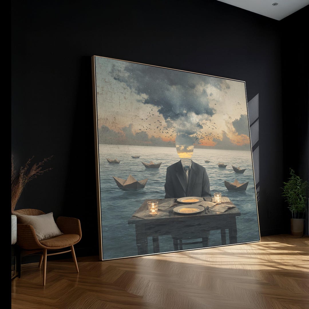 Surreal Empty Headman Dining, Ocean Night Sky Canvas, Dreamlike Paper ...
